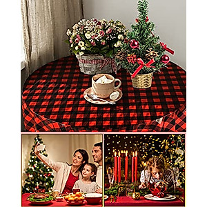 Remagr Christmas Disposable Checkered Tablecloth Round Plastic Buffalo Plaid Table Cloth 84 Inch Waterproof Gingham Cover for Picnic Camping Party Carnival BBQ (Red and Black, 6 Pieces)
