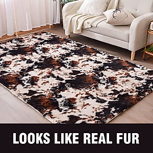 Meeting Story Cow Print Rug Faux Cowhide Rugs Cute Animal Print Carpet Fluffy Shaggy Tie Dye Fuzzy Area Rugs for Living Room Nursery Kids Floor Mat Thick Plush Non-Skid (Coffee-Black, 3 * 5 Feet)