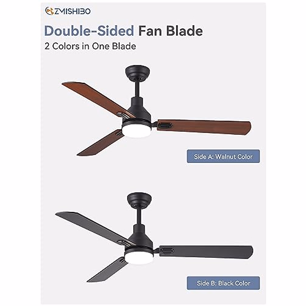 ZMISHIBO 52 Inch Ceiling Fan With Light Remote Control, Indoor And Outdoor LED Ceiling Fans, 3 Color Temperatures, Quiet Reversible DC Motor, Dual Finish Blades (Modern Black & Farmhouse Walnut)