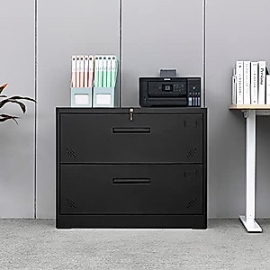 Yone jx je 2 Drawer Lateral Filing Cabinet for Legal/Letter A4 Size, Large Deep Drawers Locked by Keys, Locking Wide File Cabinet for Home Office, Metal Steel (Black)