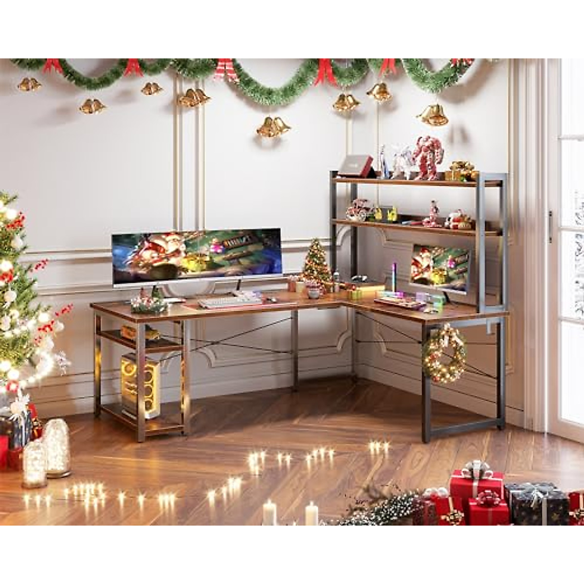 KKL L Shaped Desk with Hutch and Storage Shelves, 59" Inch Home Office Corner Computer Worstation Gaming Desk Rustic Brown