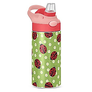 ALAZA Ladybug Kids Water Bottles with Lids Straw Insulated Stainless Steel Water Bottles Double Walled Leakproof Tumbler Travel Cup for Girls Boys Toddlers 12 oz,Pink