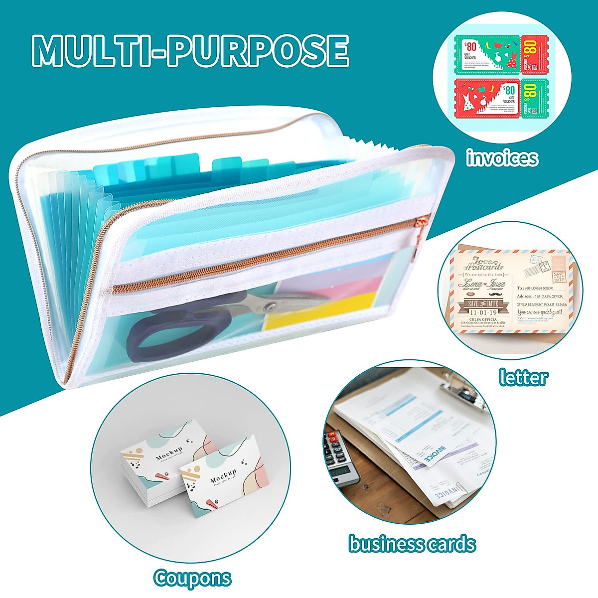 13 Pocket Coupon Receipet Teal Junior Size Accordion Folder 11 x 7 inch Expanding File Folders Zipper Closure Small Organizer Receipt File Folders for Purse Cars Checks Tickets Tax Item Pay Bill