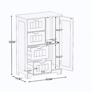 RASOO Bathroom Storage Cabinet White Freestanding Floor Storage Cupboard Adjustable Shelf with 4 Drawers and 1 Door