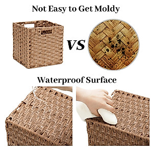 DULLEMELO Wicker Baskets for Shelves 11x11 Foldable Plastic Woven Cube Storage Bins Set of 4 Waterproof Woven Storage Bins with Handles for Pantry,Closet, Cabinet, Toys - Brown