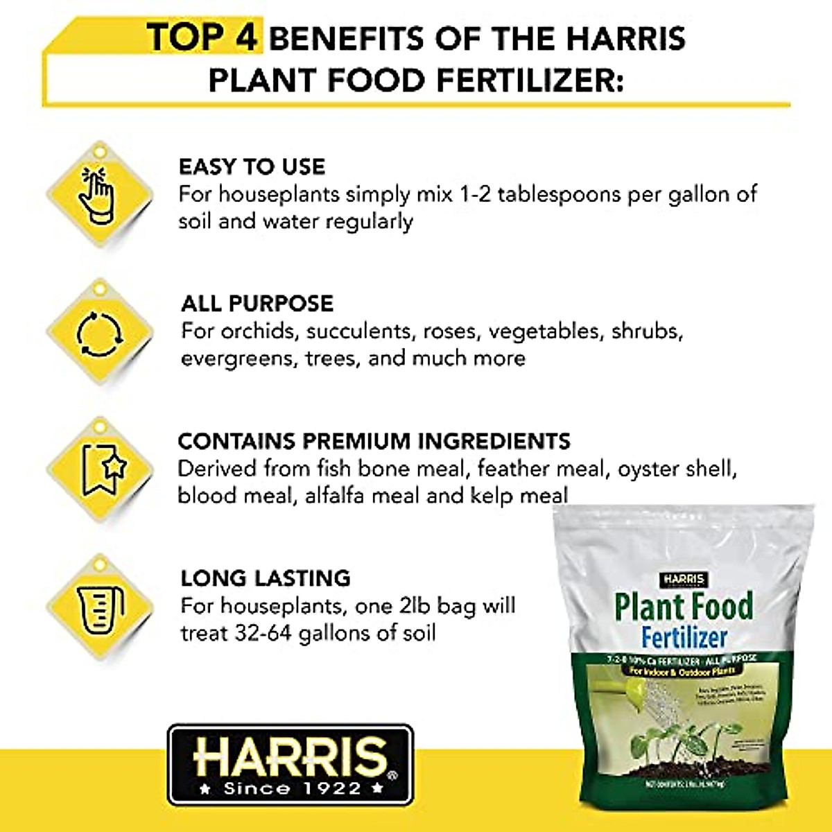 Harris Premium Plant Food Fertilizer, Promotes Vigorous Growth of Indoor and Outdoor Plants, 2lb