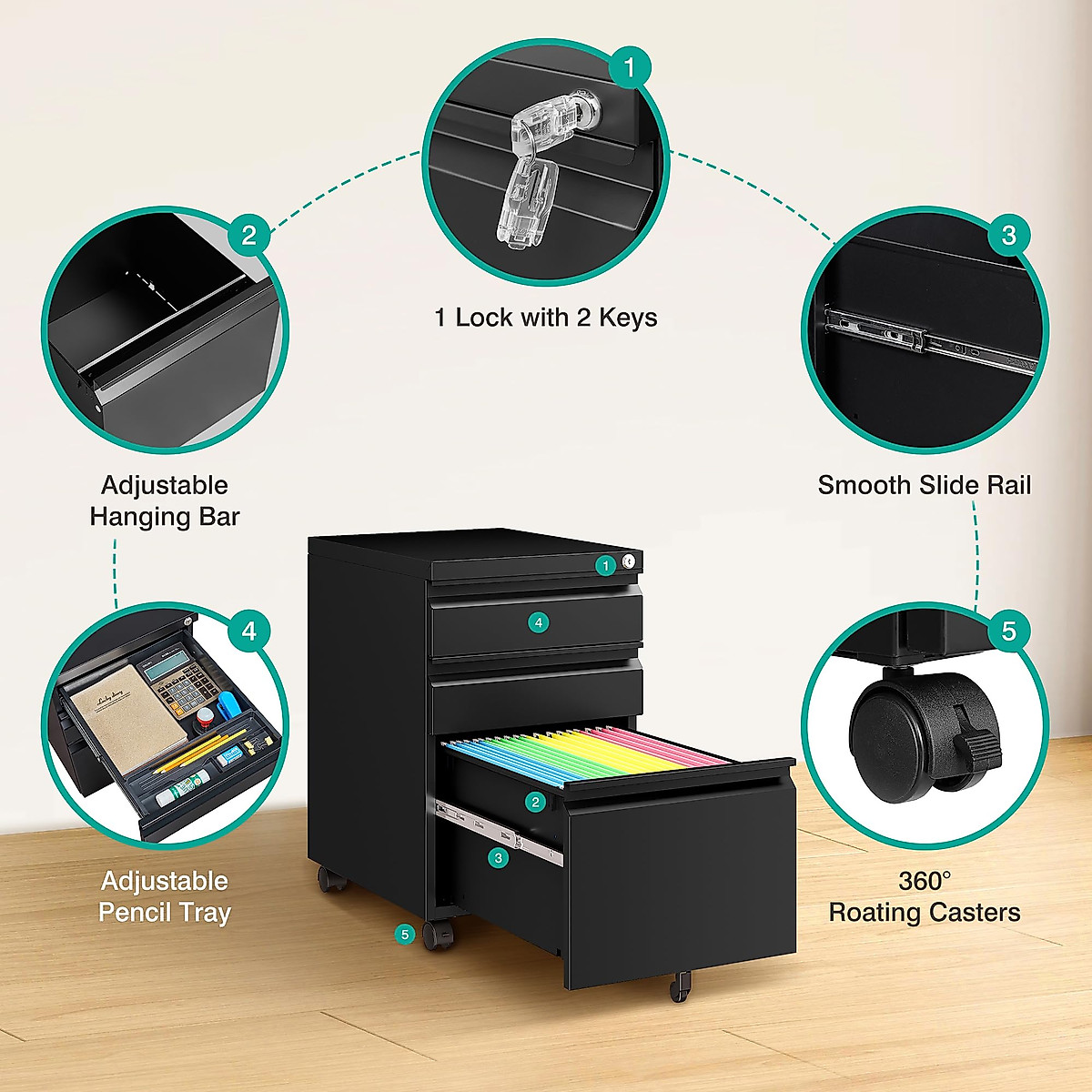 3 Drawer File Cabinet with Lock,Under Desk File Cabinet with Wheels,Black Rolling File Cabinet,Three Drawer Metal Filing Cabinet for Home Office,Fit A4/Letter/Legal File,Fully Assembled Except Casters