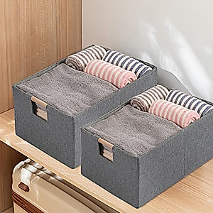 LaMorée Fabric Storage Bin Box Foldable Cotton Linen Storage Basket with Wooden Handles Rectangular Cube Decorative Home Nursery Laundry Organizer Clothes Blanket Container – Gray, Large