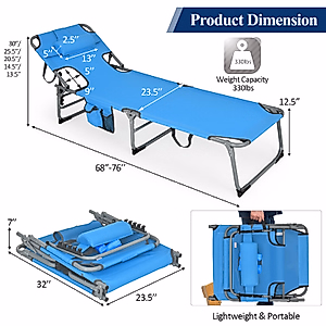 Giantex Lounge Chair Outdoor, Tanning Chair, Folding Beach Chair with Face Arm Hole, Washable Pillow, Side Pocket, Carry Handle, Adjustable Pool Lounger for Patio, Lawn, Lounge Chair Outside, Blue