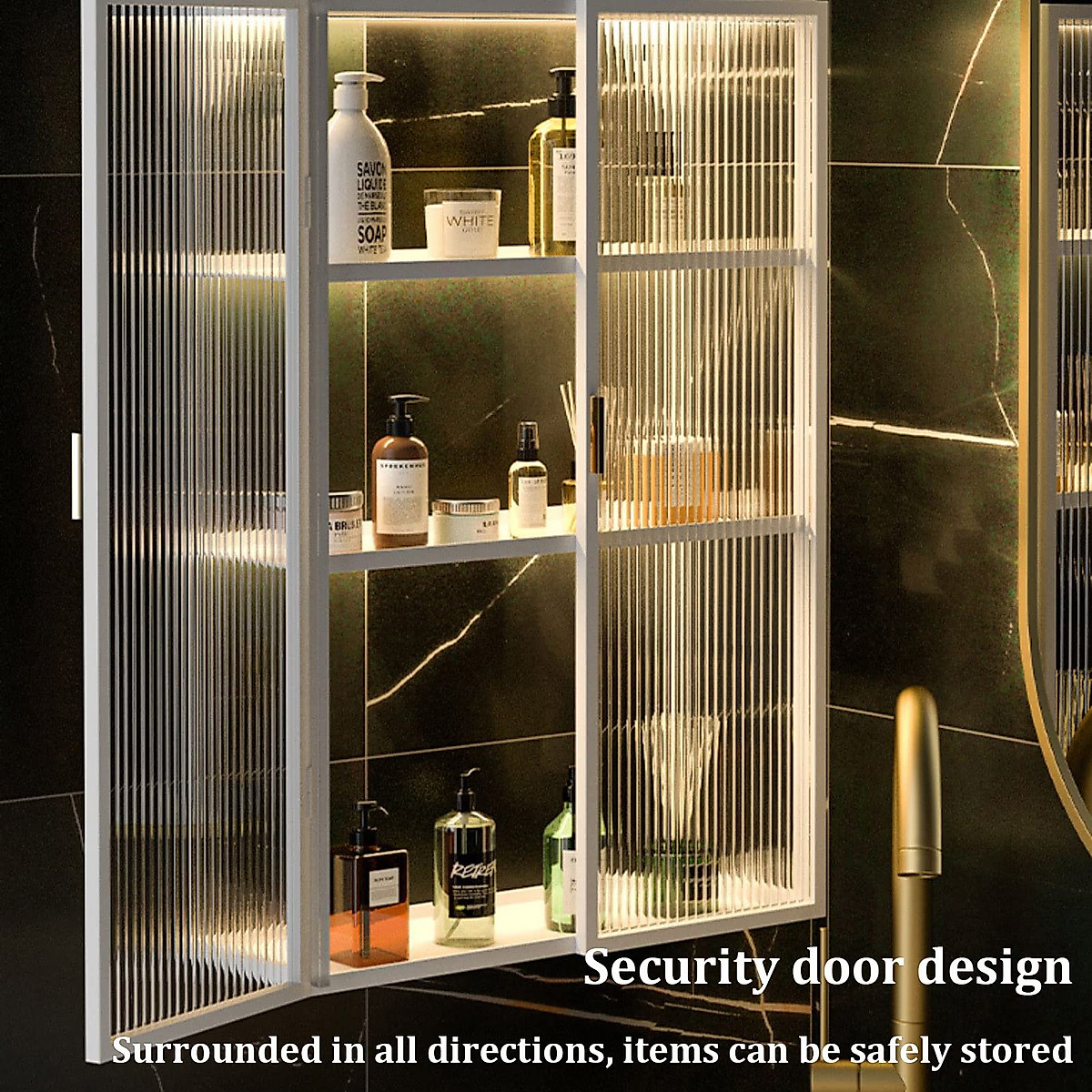 Wall Mounted Home Bathroom Cabinet w/Doors, Punch-Free dustproof Toiletries Metal Hanging Cabinet Cosmetics Perfumes Storage Box, Multi Purpose Storage Cabinet Above The Toilet