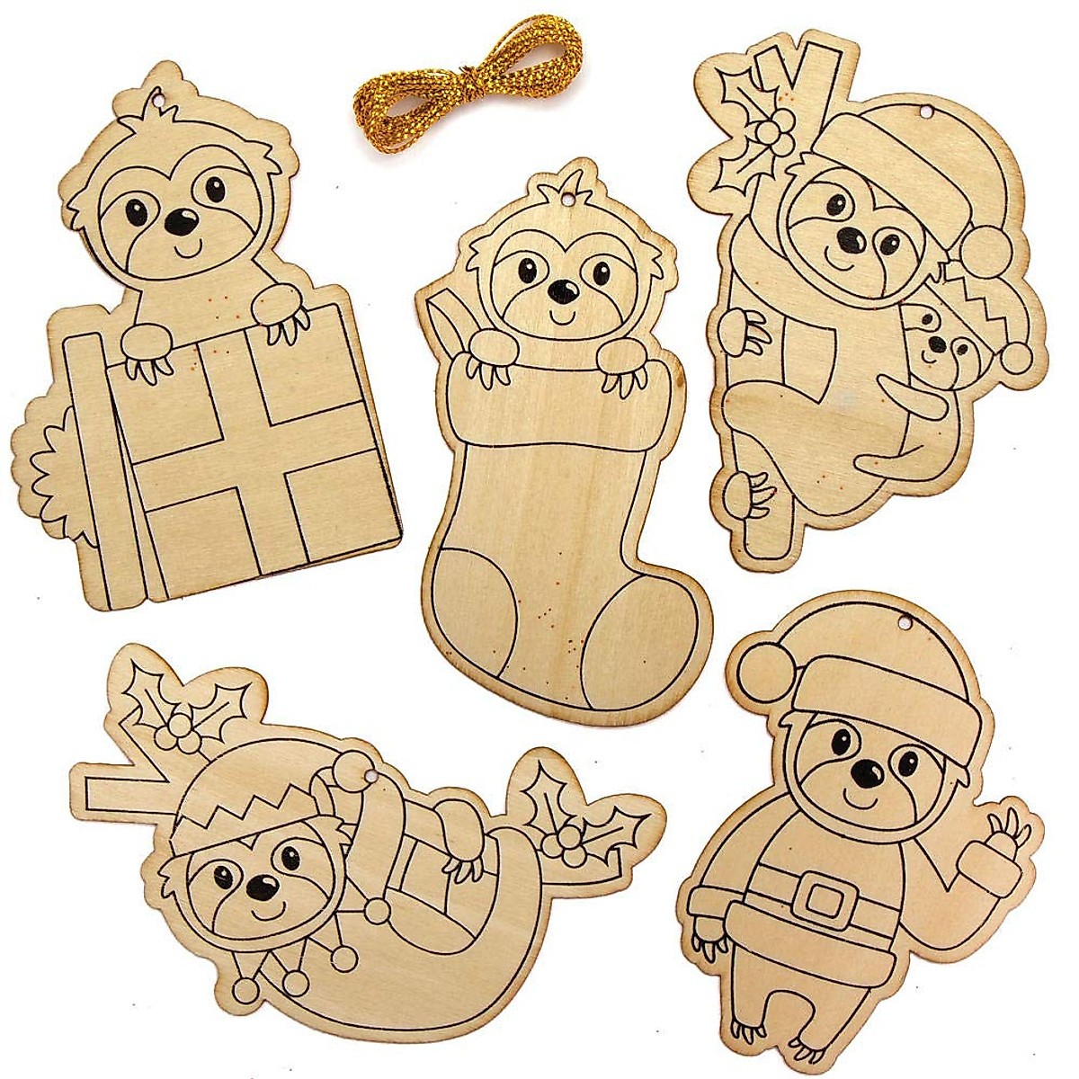 Baker Ross AX522 Christmas Sloths Wooden Decorations - Pack of 12, Christmas Decorations for Kids to Decorate and Display, Ideal Kids Arts and Crafts Project