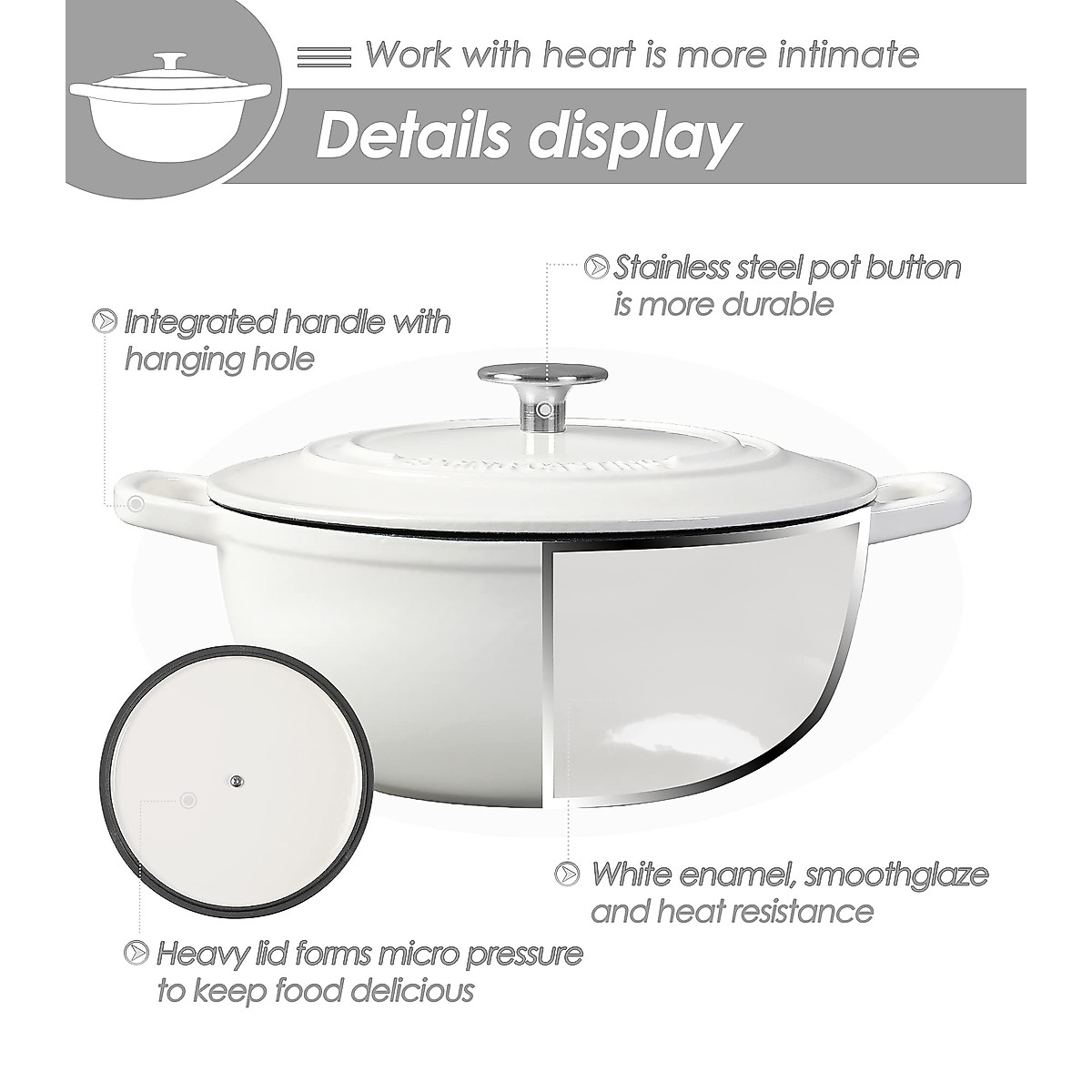 EDGING CASTING Cast Iron Dutch Ovens With Lid Dual Handle Enameled Dutch Oven, 3.5 Quart, White