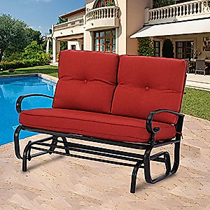 SUNCROWN Outdoor Swing Glider Chair, Patio 2 Seats Loveseat Rocking Chair with Cushions, Steel Frame Furniture - Red