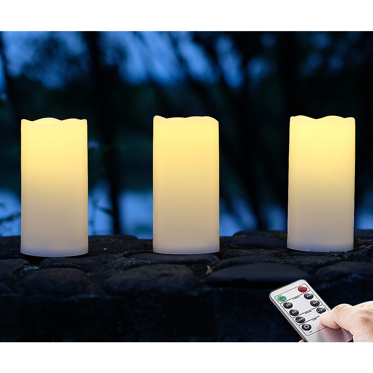 NONNO&ZGF 3X 6'' Outdoor Waterproof Flameless Candles, 3 Pack, Warm White LED Resin Rainproof Pillar Battery Plastic Candle with Remote Control/Timer.