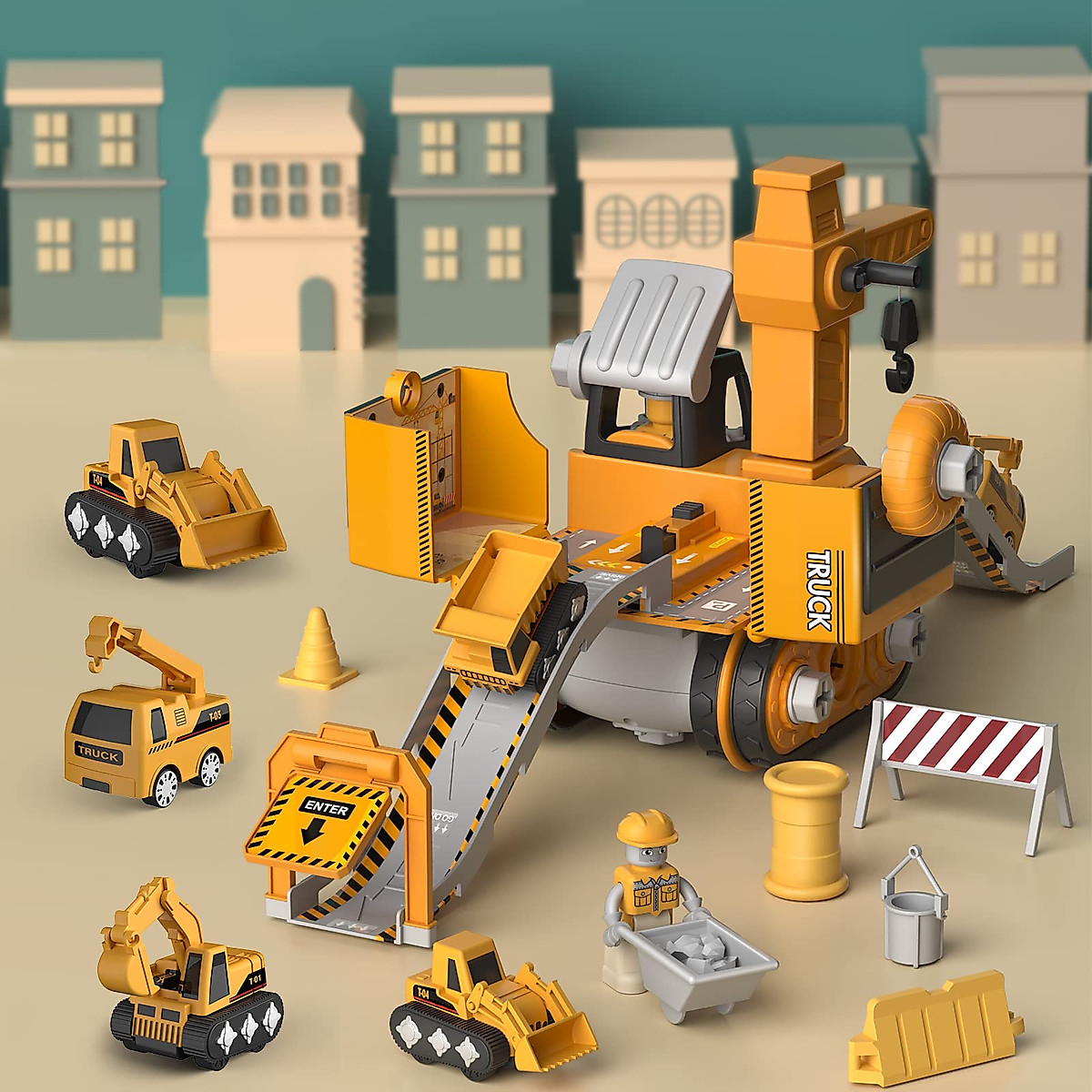 Construction Truck Toys for 3 4 5 6 Years Old Toddlers Kids Boys and Girls, STEM Take Apart Toys Cars with Electric Drill, 4 in 1 Construction Vehicles Crane Excavator Drilling Car Timber Grab Truck