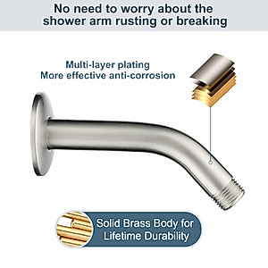 BRIGHT SHOWERS 6 Inch Brass Shower Arm with Flange Shower Pipe Arm for Wall Mount Fixed and Handheld Shower Head, Brushed Nickel