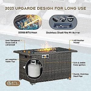 Yechen 9 Pieces Outdoor Patio Furniture, PE Rattan Wicker Conversation Set with 44" 55000BTU Fire Pit Table Sectional Sofa Sets, Patio Conversation Sets for Yard, Pool, Beige