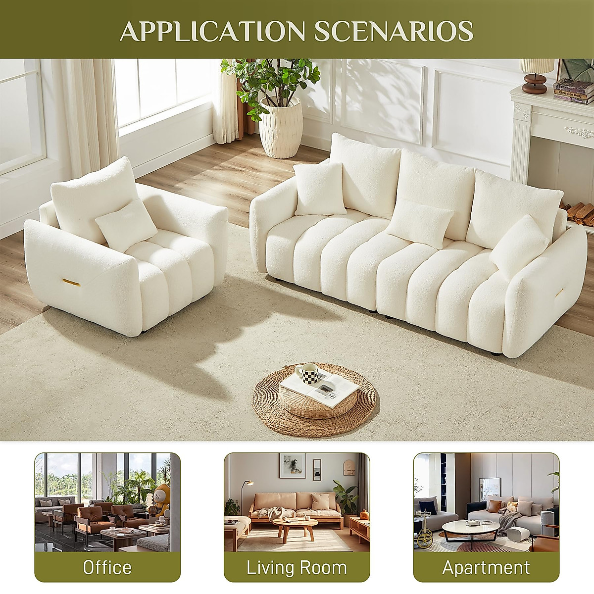 Wrofly 39.7" Teddy Cloud Sofa Couch, Modern Deep Seat Boucle Single Sofa Chair, Comfy Upholstered Sherpa Couch with Pillow, Oversized Accent Armchair for Living Room Apartment Office, Beige White