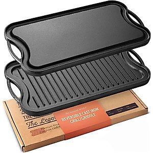 Legend Cast Iron Griddle for Gas Stovetop with Easy Grip Handles | 2-in-1 Reversible 20” | Use On Open Fire & in Oven | Lightly Pre-Seasoned Gets Better with Each Use