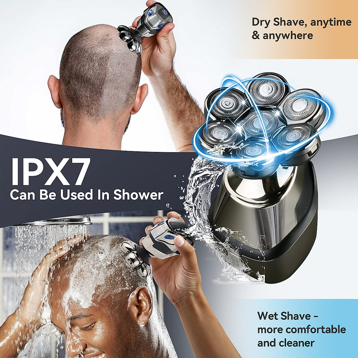 WeChip Head Shaver 7D 5-in-1 Head Shavers for Bald Men with Nose Hair Sideburns Trimmer, Floating Head Razors for Bald Men Waterproof Wet & Dry, LED Display, Cordless, Rechargeable