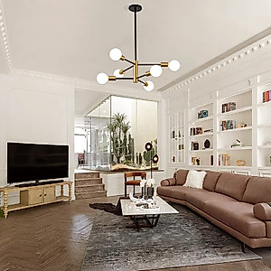 KAISITE Modern Sputnik Chandelier - 6 Light Chandelier Light Fixture Height Adjustable Mid Century Ceiling Chandelier Plating Finished Black and Gold Chandelier for Kitchen Bedroom and Foyer