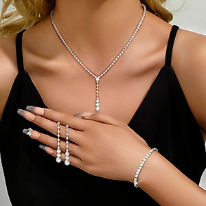 CASSIECA Silver Bridal Jewelry Set Rhinestone Necklace Bracelet Dangle Earrings for Bride Bridesmaid Teardrop Pendant Crystal Wedding Prom Jewelry Accessories for Women