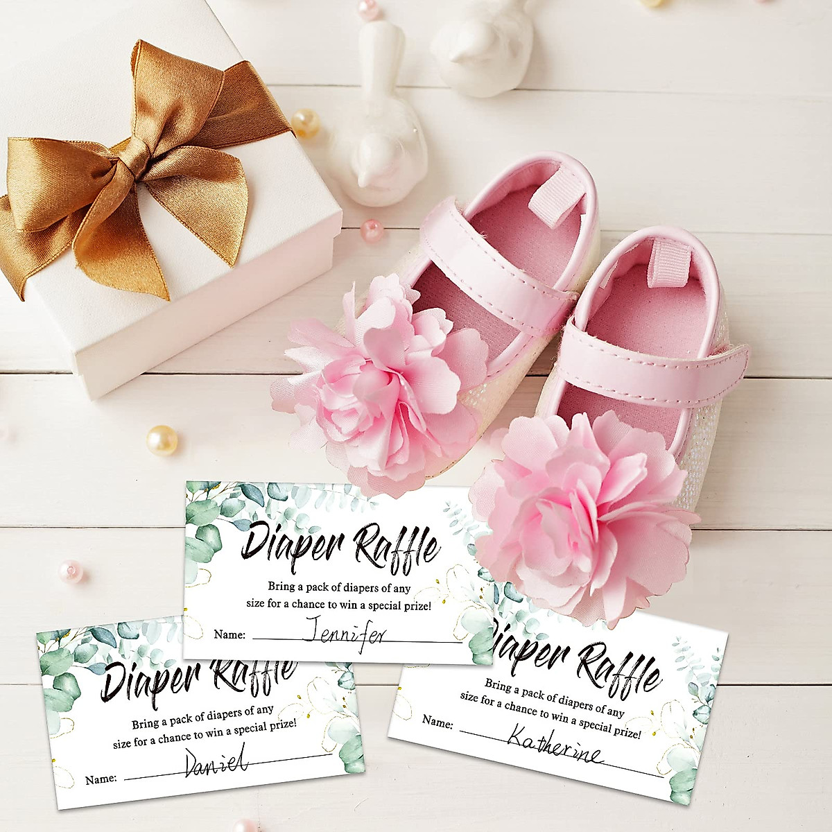 XJF Diaper Raffle Tickets for Baby Showers 2 Inchesx 3.5 Inches Baby Shower Game Cards with Name Line Greenery Invitations Insert Cards for Boys or Girls Baby Shower 50 Pack, White, BS-CJK-1