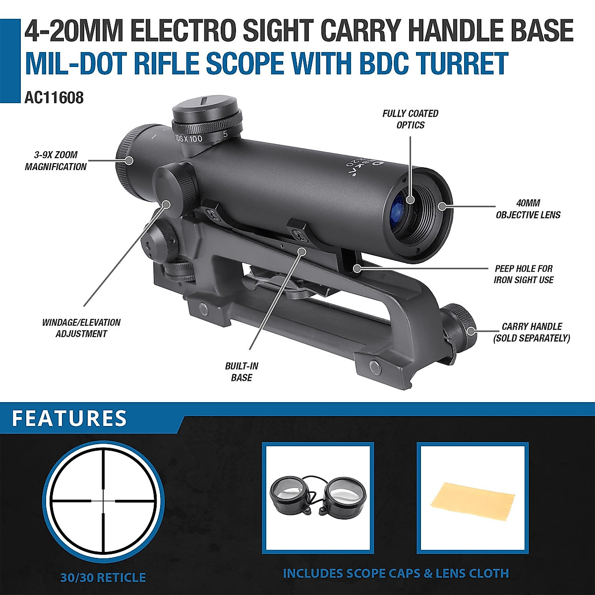 Barska 4x20 Carry Handle Rifle Scope Mil Dot Reticle with BDC Turret Peep Sight Mount Retro A2 Style