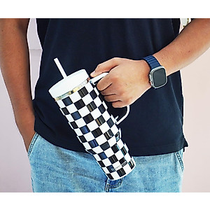 Dreamfocus 40 oz Stainless Steel Vacuum Insulated Tumbler with Handle and Straw, Upgraded Lid Automatic Rebound, Water Bottle Cup Travel Coffee Mug Black and White Checkered