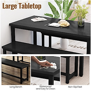 Recaceik 3-Piece Dining Table Set for 4, 43'' Dining Room Table Set with 2 Benches, Space-Saving Dinette Table with Metal Frame & MDF Board, Breakfast Table for Kitchen, Dining Room, Black