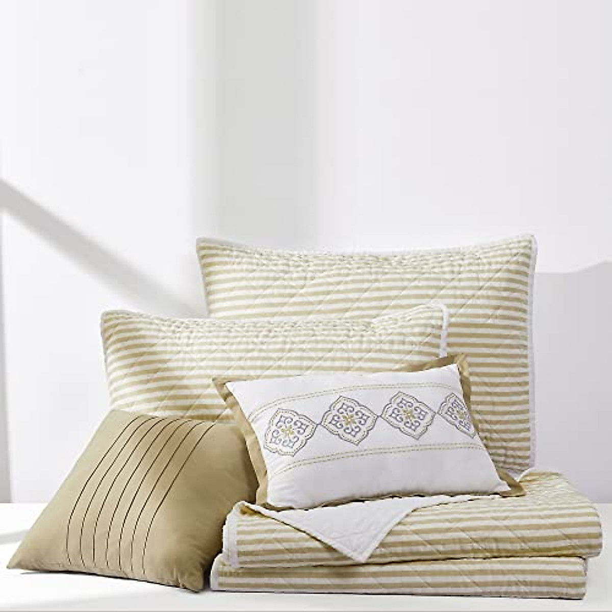 SHALALA King Size Quilt Sets,Kahki and White Striped Quilt Bedding Set,Soft Microfiber Bedspread and Coverlet with 2 Decorative Pillowsfor All Season (King,5pcs,106inches x 96inches)