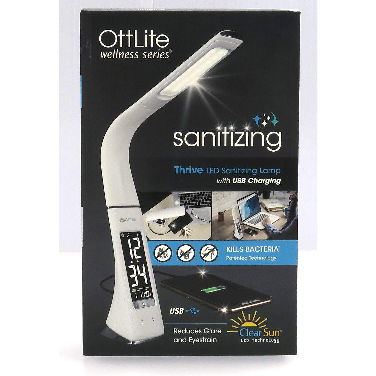 OttLite Thrive LED Sanitizing Desk Lamp with Clock and USB Charging - Eliminates up to 99.9% of Bacteria, Touch Activated, Flexible Neck, Modern Light for Reading, Crafting & Office Desktop