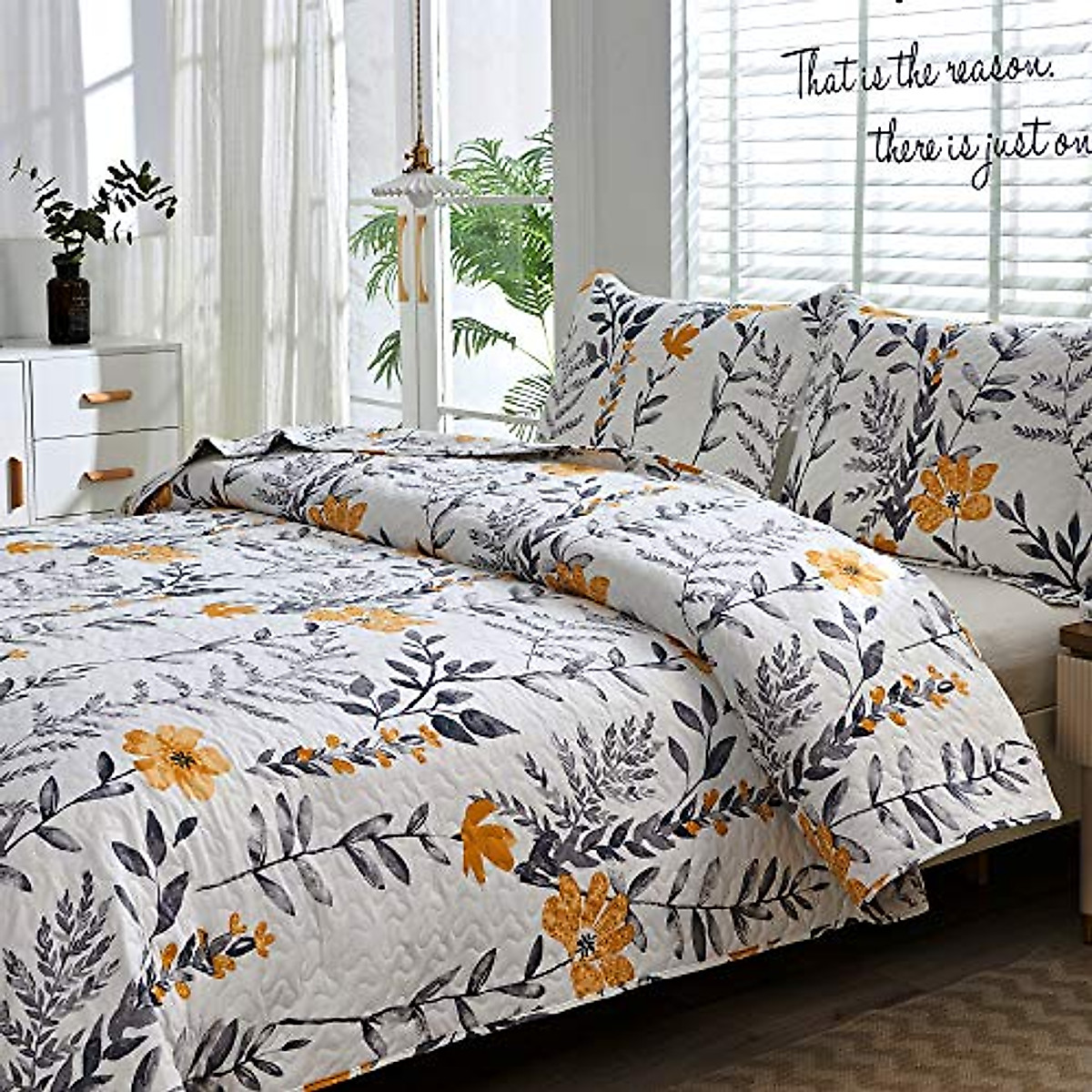 Bedspread Coverlet Set King Size Floral Quilts Set Bedding Lightweight Floral Quilt Collection Home Reversible Quilt Bedspread Sping Leaves Yellow Flower Quilt Bedding Garden Bedspread+2 Pillow Shams