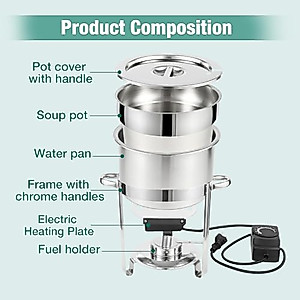 Restlrious Soup Chafer 11 QT Stainless Steel Round Soup Warmer Heating by Electric Plate or Fuel, Large Marmite Soup Chafer with Pot Lid and Frame, Commercial Grade for Catering Parties Events Banquet