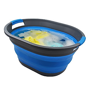 SAMMART 32L (8.4 Gallon) Collapsible Plastic Laundry Basket - Foldable Pop Up Storage Container/Organizer - Portable Washing Tub - Space Saving Hamper/Basket, Water Capacity: 24L (1, Grey/Blue)