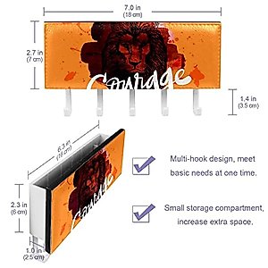 Lion Mail Holder Organizer and Key Hooks PU Front, Self Adhesive Key Rack with 5 Hooks Perfect for Entryway, Hallway，Bathroom ，Kitchen