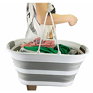 SAMMART 38L (10 Gallons) Collapsible Plastic Laundry Basket - Foldable Storage Container/Organizer - Portable Washing Tub - Space Saving Laundry Hamper (White/Grey)