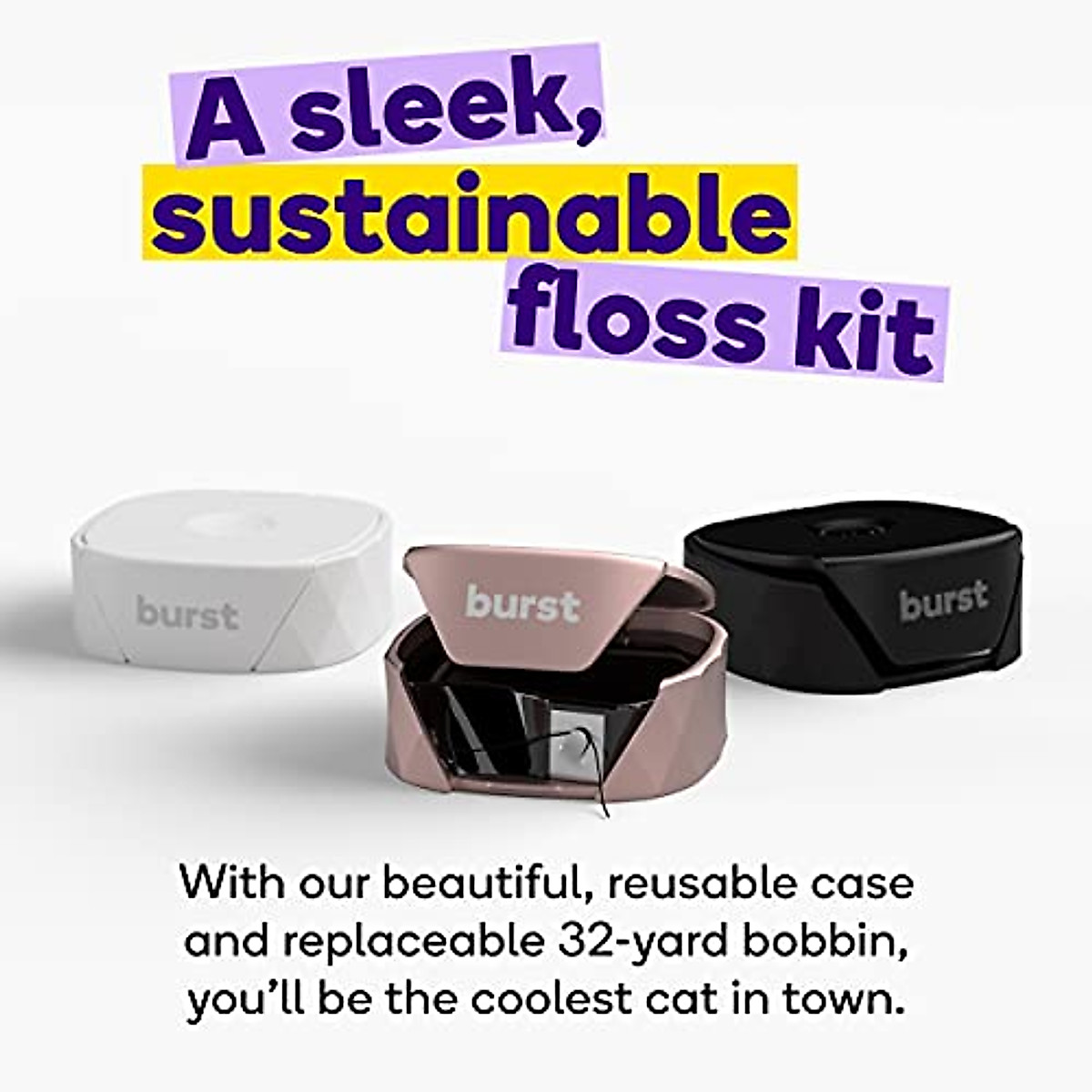 BURST Refillable Dental Floss Dispenser Set - Juniper Berry Scent - Charcoal Coated, Expanding Floss - Stain-Absorbing, Woven Tooth Floss - Rose Gold Case + 32 Yards Charcoal Floss