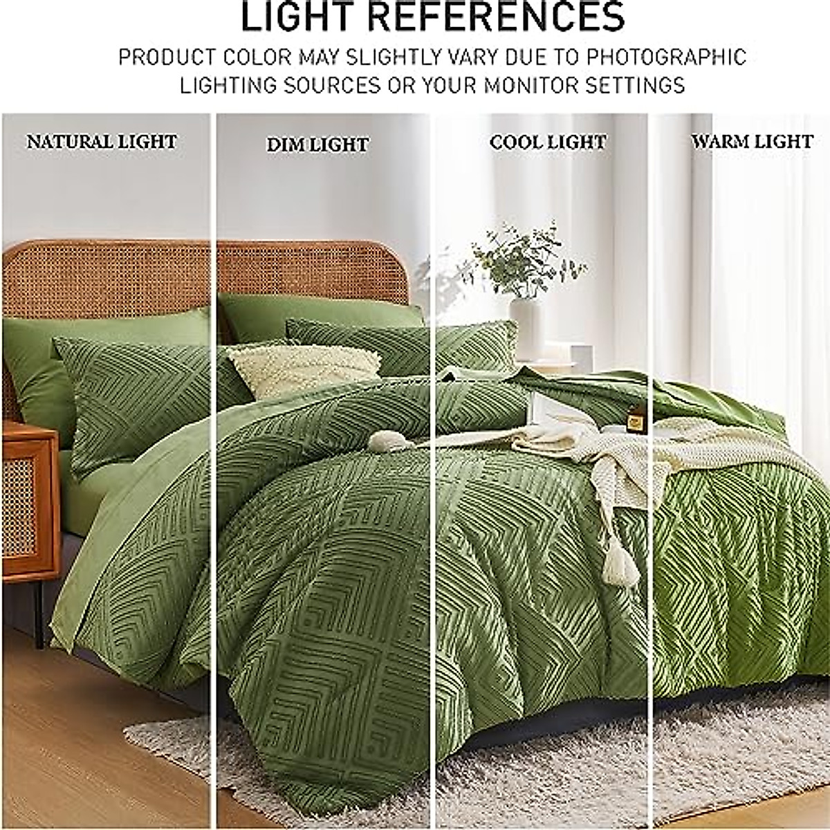 WURUIBO Green Queen Comforter Set 7 Piece Bed in a Bag,Tufted Shabby Chic Boho Bedding Comforter Sets,Soft Microfiber Textured Complete Bedding Set for All Season (Green,Queen)