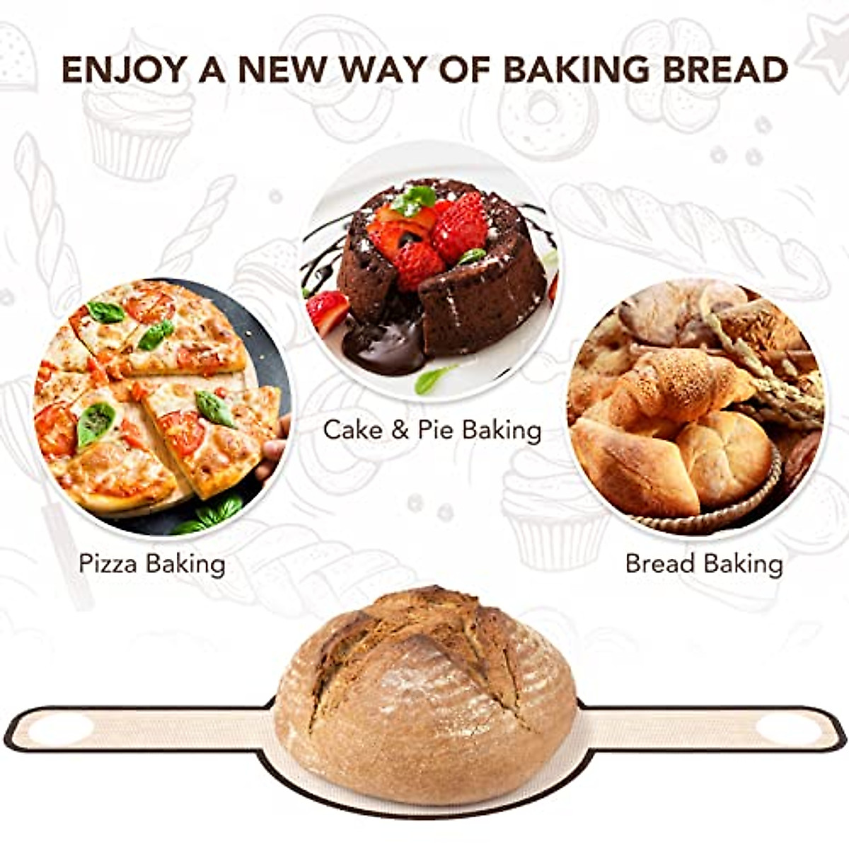 Tofficu Glass Fiber Baking Mats for Dutch Oven Bread Baking Non- Stick Dough Bread Sling Baking Mat Long Handles Sling Baking Mat for Transfer of Dough