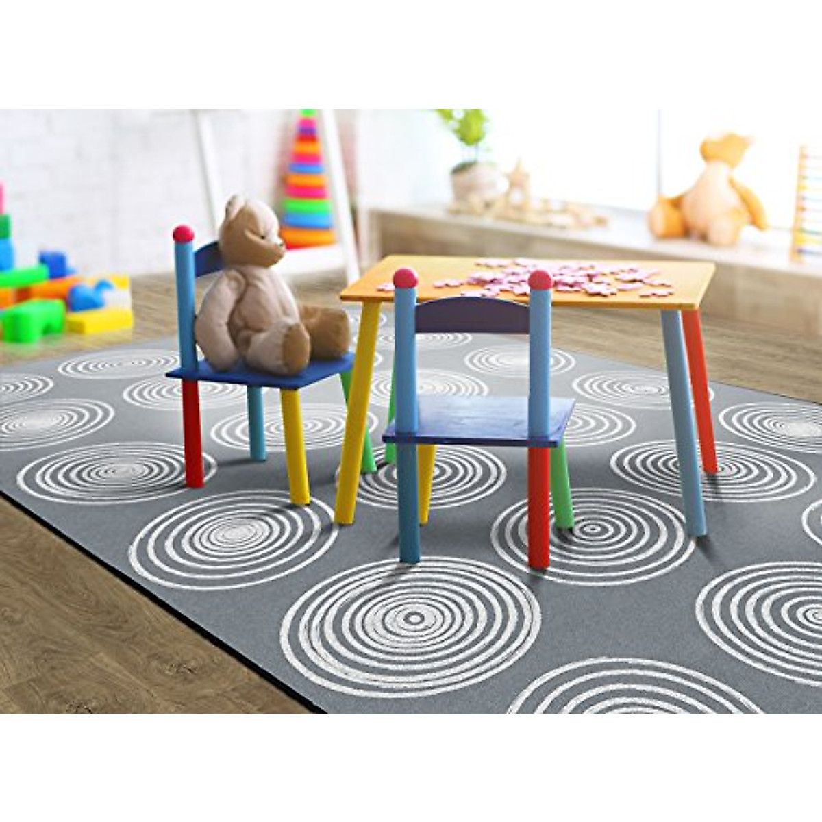 Flagship Carpets Circles Abstract Educational Area Rug for Kids Room Seating Décor, Children's Classroom, Play Carpet for Teaching and Playroom, Seats 24, 7'6" x 12', White & Grey