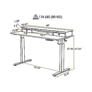 FEZIBO Electric Standing Desk with Double Drawers, 48 x 24 Inch Glass Top Monitor Stand Adjustable Sit Stand Desk with Storage Shelf, White Frame/LightWalnut Top