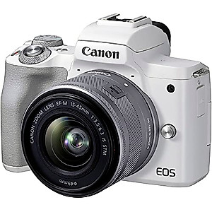 Canon EOS M50 Mark II Mirrorless Camera with 15-45mm Lens (White) (4729C004) + 64GB Memory Card + Card Reader + Case + Flex Tripod + Hand Strap + Memory Wallet + Cap Keeper + Cleaning Kit (Renewed)