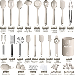 Silicone Kitchen cooking Utensils Set, AIKKIL 43 Pcs Heat Resistant Khaki Cooking Utensils Set, Turner, Tongs, Spoon, Spatula, Kitchen Gadgets Tools Set For Nonstick Cookware(Dishwasher, BPA Free)