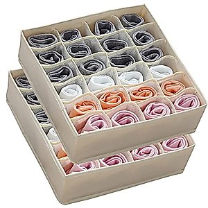 goiealeaes Drawer Organiser Divider, Set of 2 Fabric Foldable Dresser Grids Wardrobe Storage Bedroom Closet Storage Boxes for Storing Socks, Underwear, Ties, Scarves, Beige