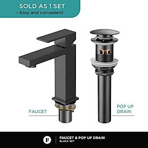 Fine Fixtures Modern Square Single Hole Bathroom Sink Faucet - Single Handle Bathroom Faucet with Pop-up Drain and Strainer Basket - Matte Black