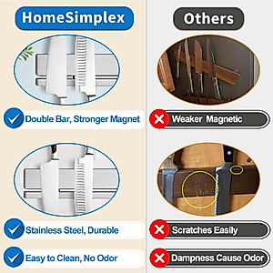 HomeSimplex 12 Inch Magnetic Knife Holder for Wall or Fridge with 6 Hooks No Drill - Adhesive Double Magnetic Knife Bar - Refrigerator Knife Magnetic Strip - 304 Stainless Steel Kitchen Utensil Holder