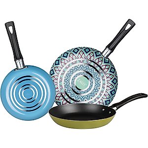 Ekco 3-Piece Frying Pan Set (7.1, 7.9 & 9.4 IN) For all Stovetops, Dishwasher Safe - Lightweight Aluminum Skillets, Non-Stick & Riveted Bakelite Handle (Photopaint Blue & Green) PFOA & PTFE Free