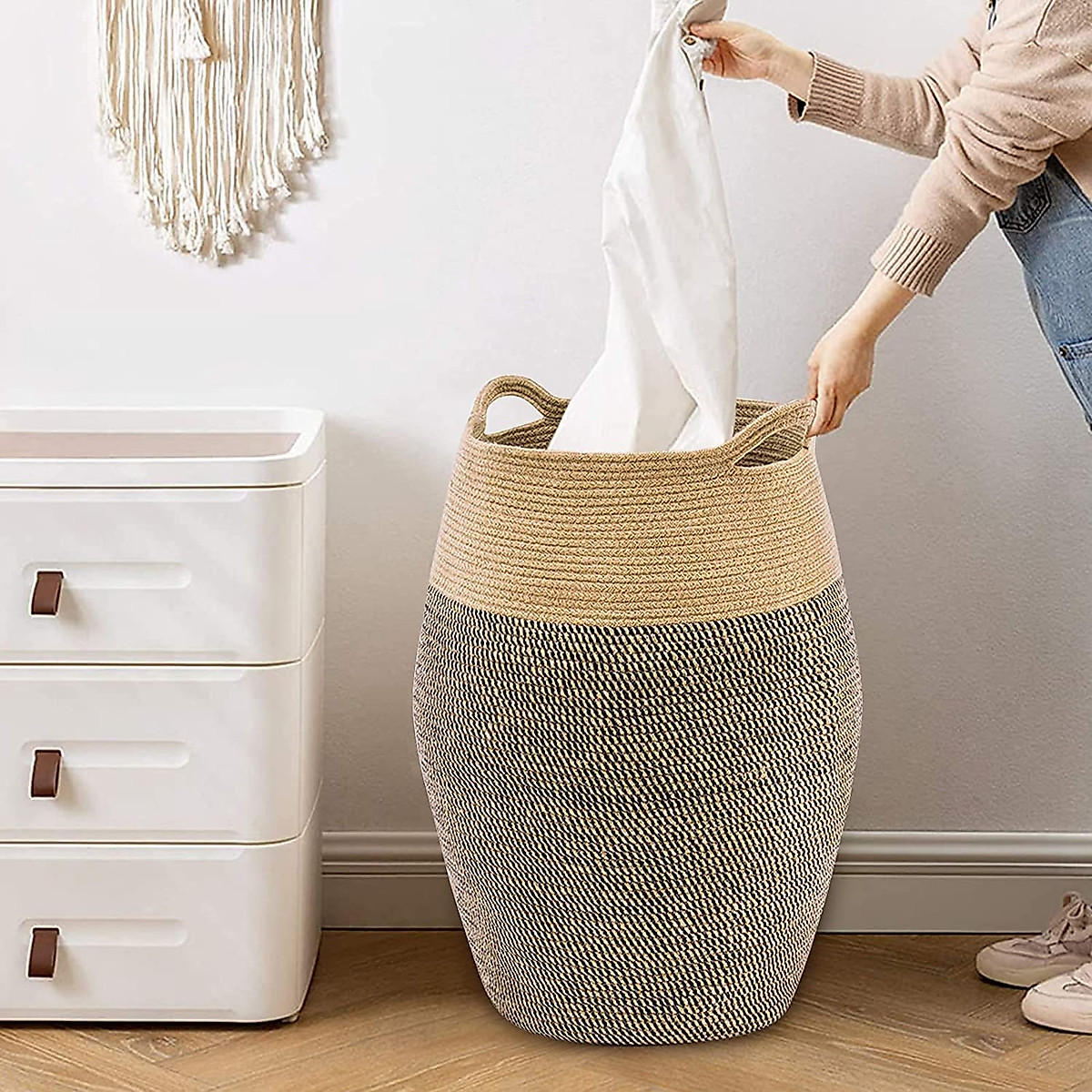 Tall Laundry Basket, 105L Large Laundry Hamper with Handles Tall Wicker Jute Woven Storage Basket for Dirty Clothes Blankets Towels - 25.6x 19.3 inches