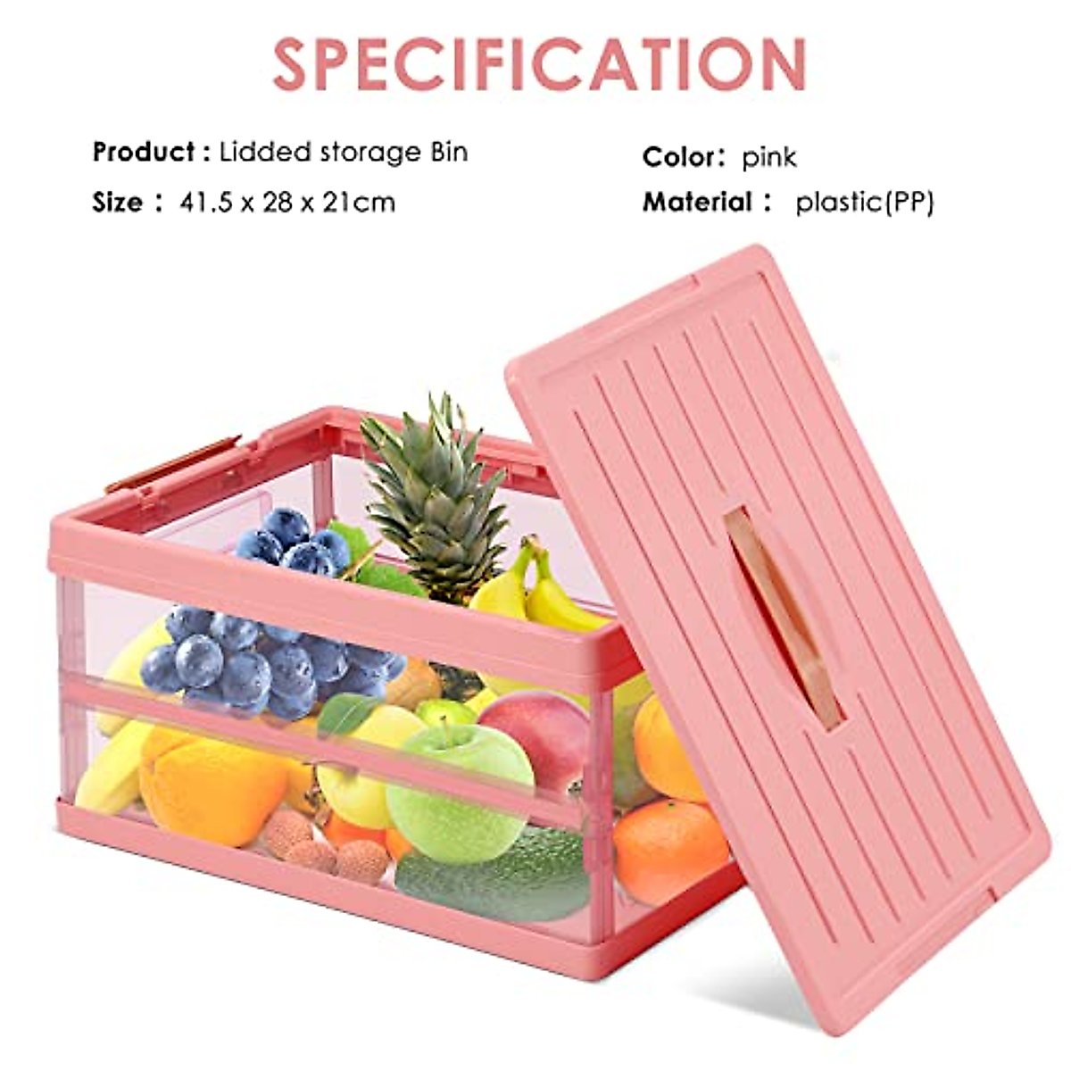 Transparent Storage Container Collapsible Storage Box with Lid Plastic Storage Bin Toy Organizer Stackable Book Box Clear Folding Utility Crate Tote Closet Shelf Basket - Pink